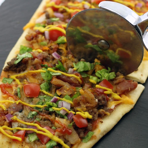Bacon Cheeseburger Flatbread Recipe | DudeFoods.com